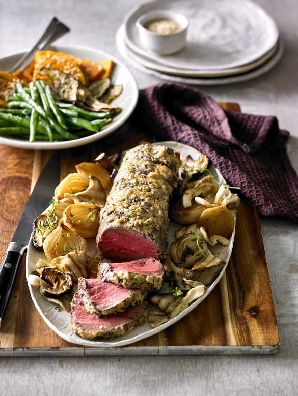 Roast beef fillet with horseradish and mushrooms recipe | Australian ...
