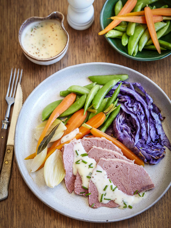 Traditional corned beef with mustard sauce and vegetables recipe ...