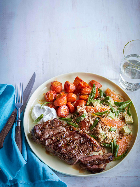 Char-grilled sirloin with spiced carrots and salad recipe | Australian ...